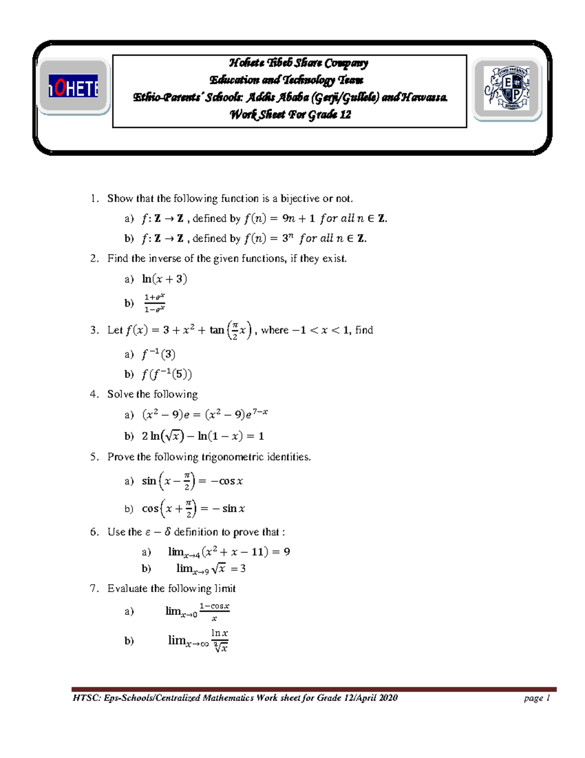 Grade 12 Maths worksheet - HTSC: Eps-Schools/Centralized Mathematics ...