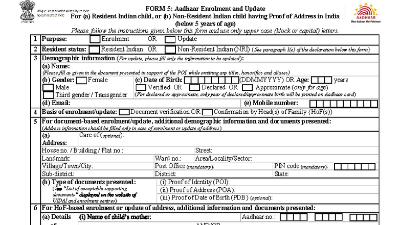 FORM 5: Aadhaar Enrolment & Update for Children Below 5 Years - Studocu