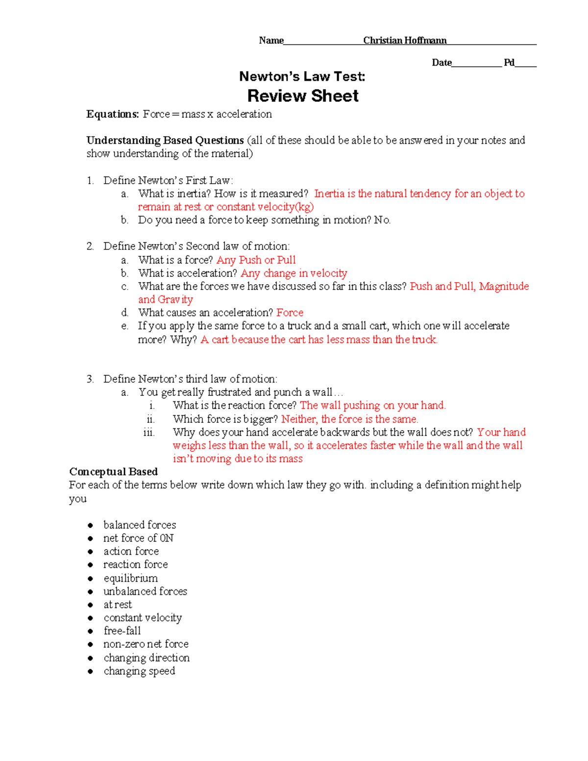 Copy of Newtons Law Review - Name Christian Hoffmann Date Pd Newton’s ...