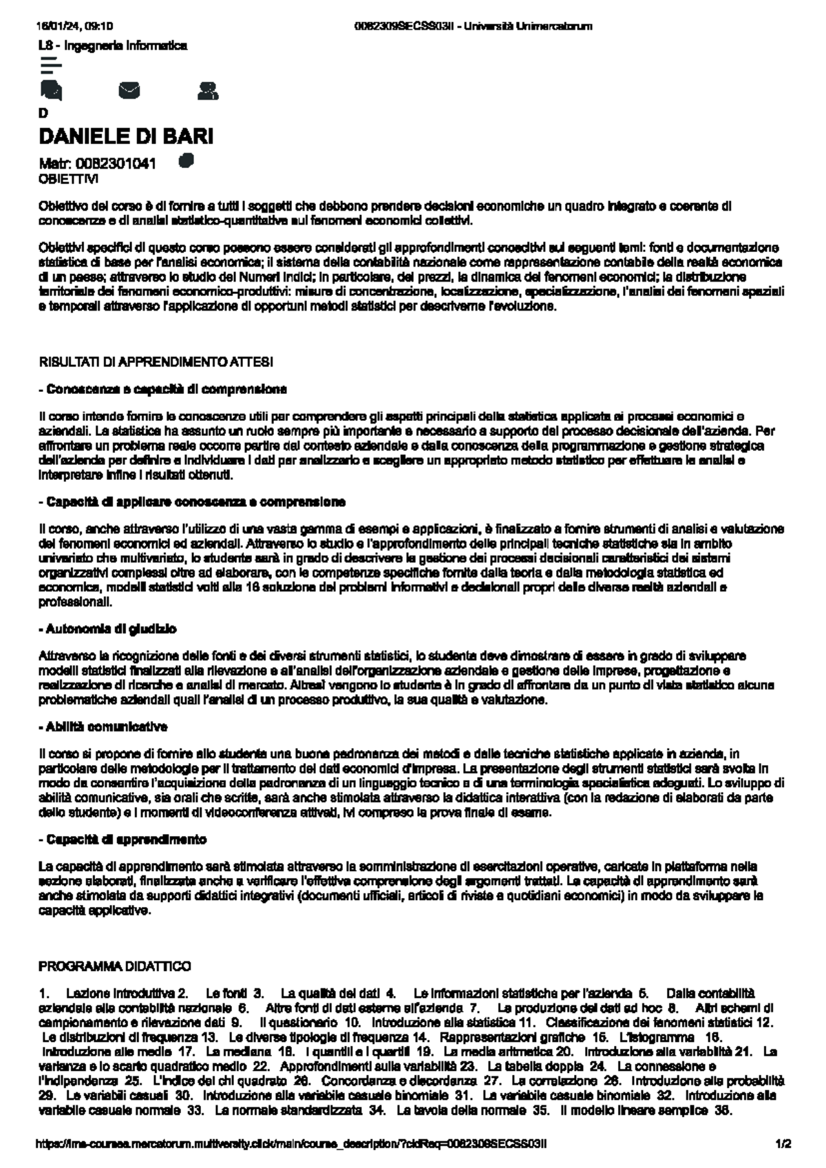 Programma Statistica per Economia e Impresa - 09:10 0082309SECSS03II ...
