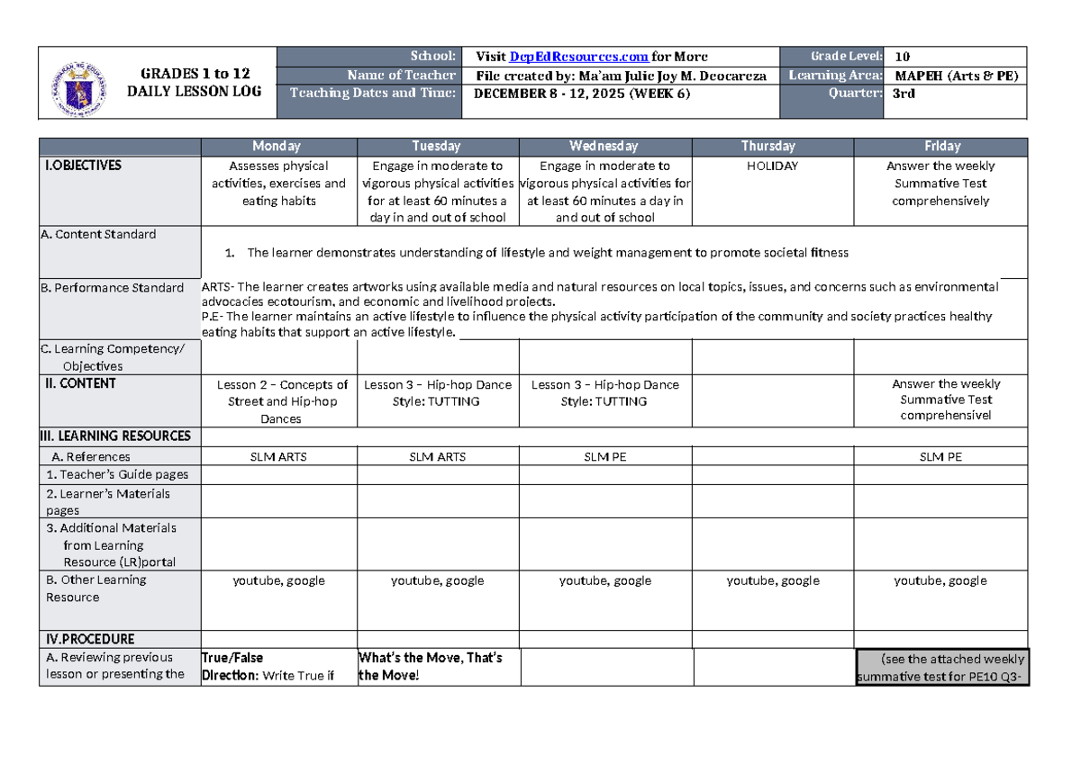 DLL MAPEH 10 Q3 W6: Daily Lesson Log on Physical Activities - Studocu