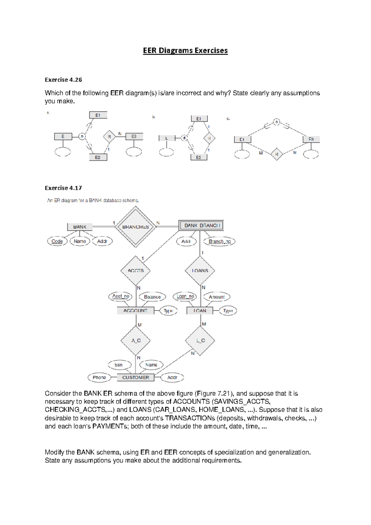EER Diagrams Exercises for Advanced Database Concepts (CS301) - Studocu