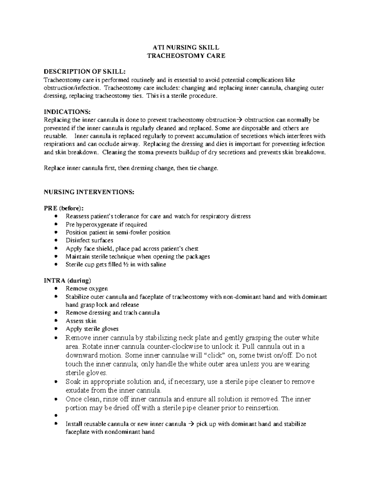 Tracheostomy Care- ATI Nursing Skill - ATINURSI NG SKI LL ...