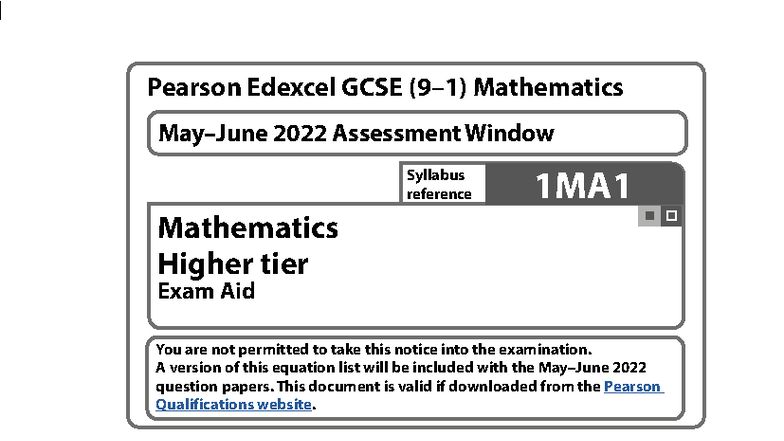 Edexcel GCSE Maths 1MA1 Higher Tier Exam Formula Sheet - Studocu