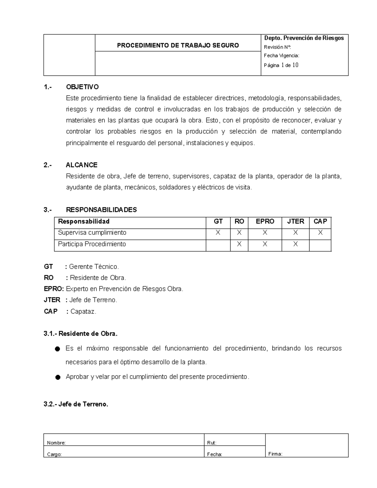 Procedimiento de Trabajo Seguro PTS: Planta de Producción y Selección ...