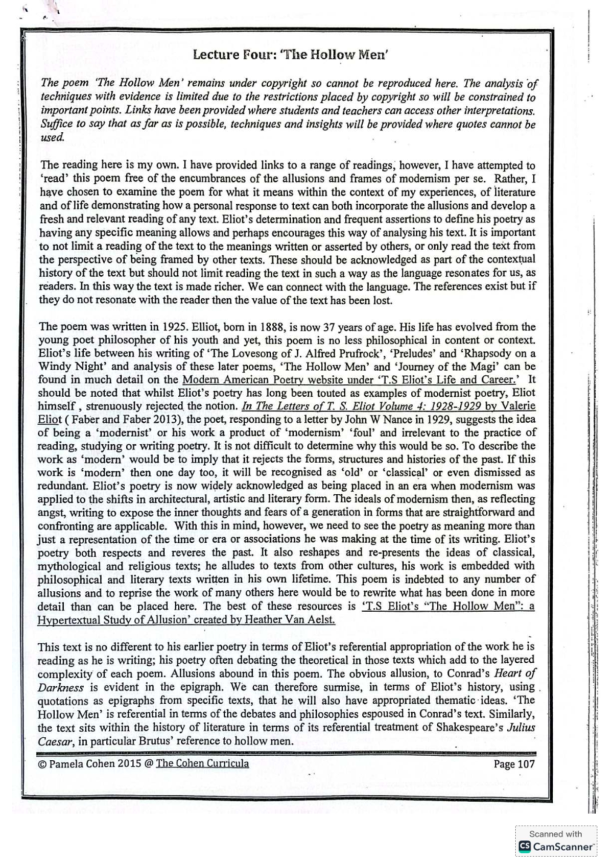 Lecture 4: Analyzing T.S. Eliot's "The Hollow Men" - Studocu