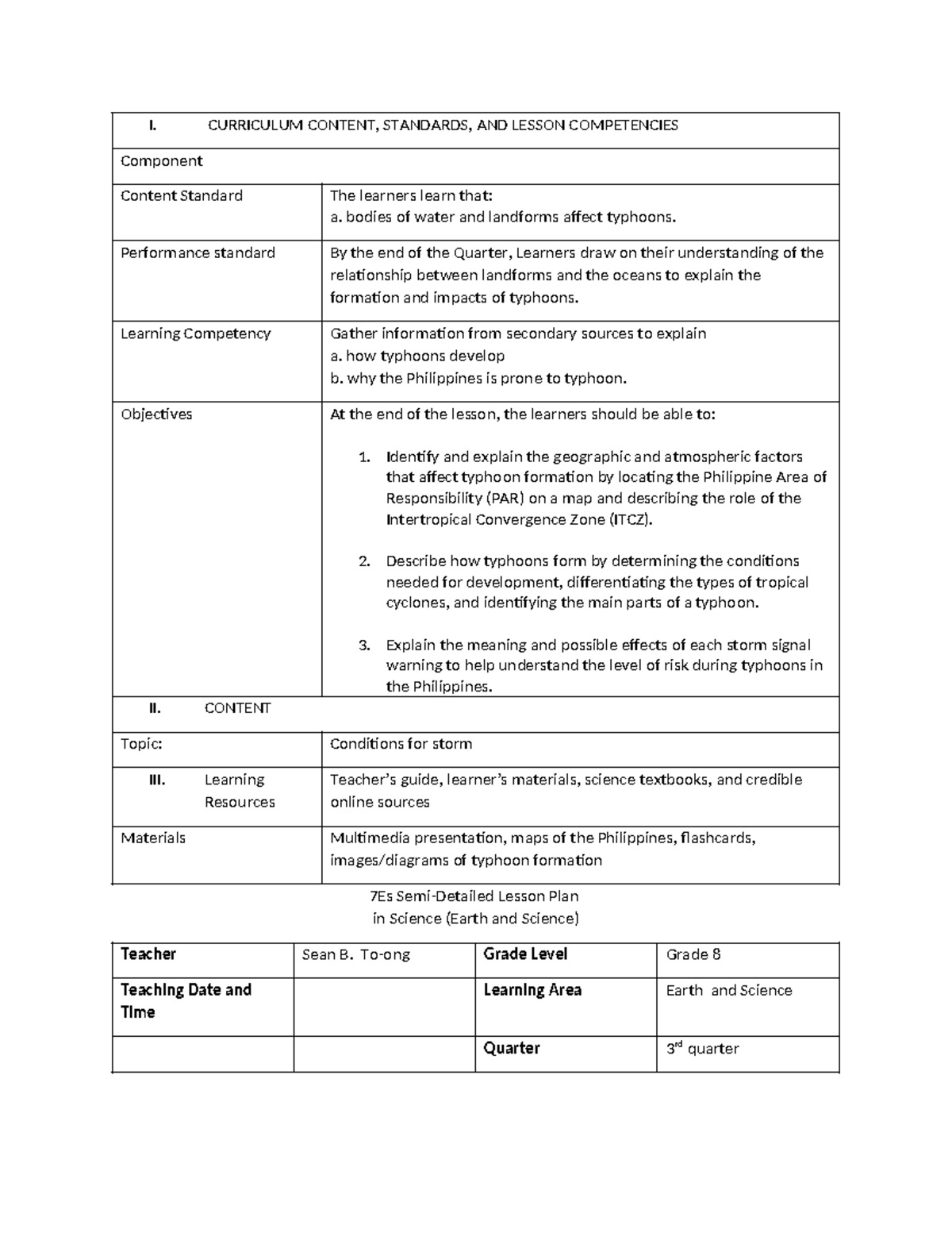 Grade 8 Earth Science Lesson Plan: Understanding Typhoon Formation ...