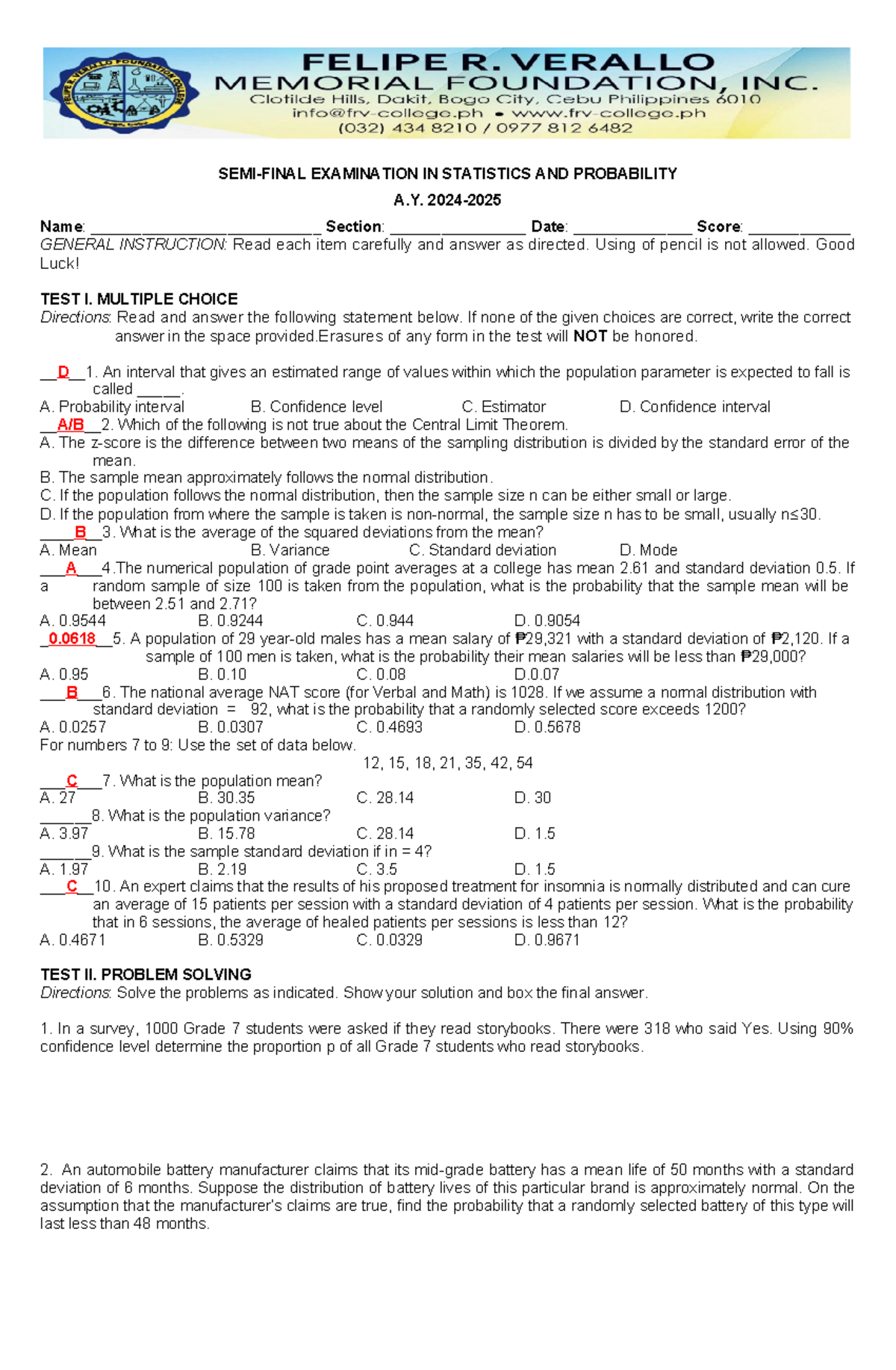 SEMI- Final Examination (SHS) - SEMI-FINAL EXAMINATION IN STATISTICS ...