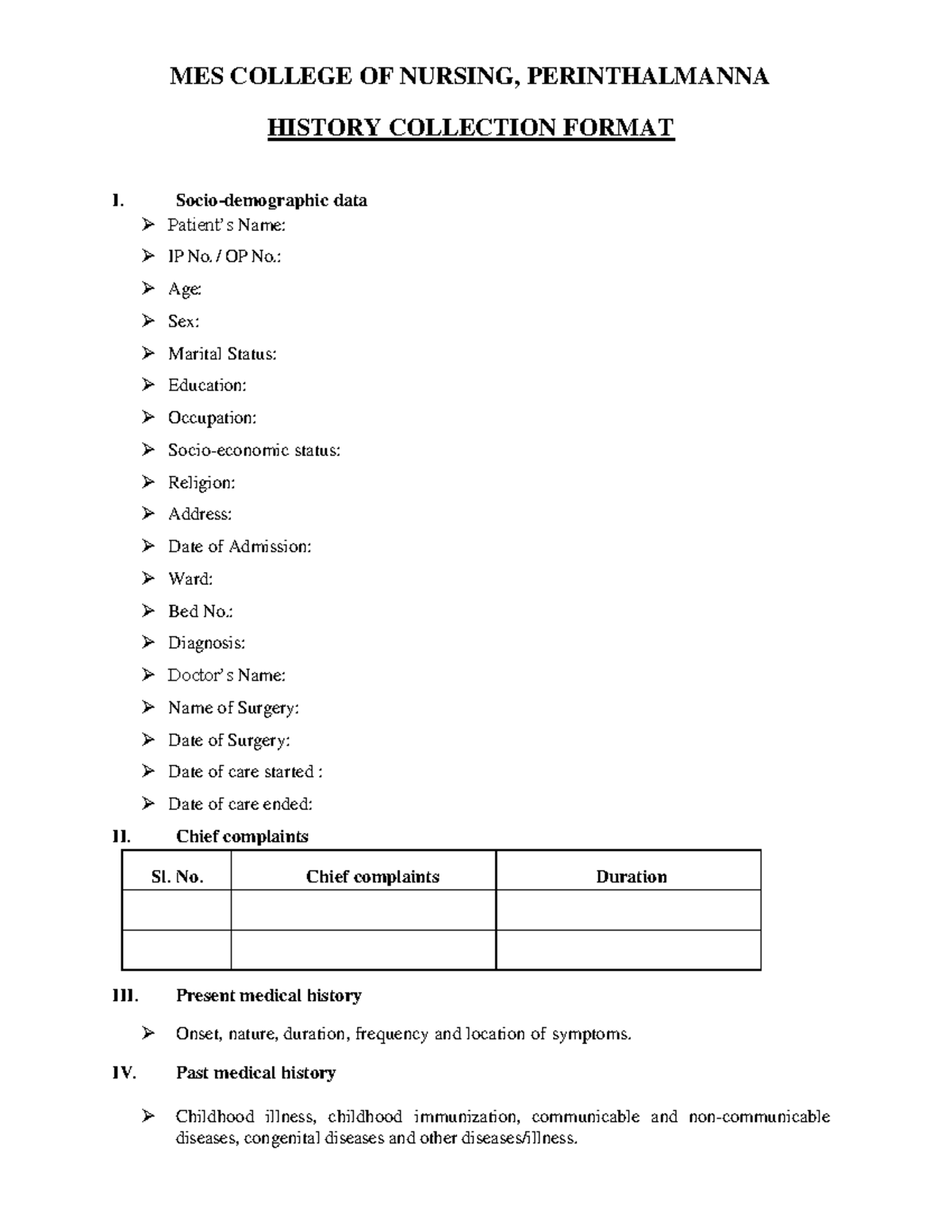 History Collection Format for Nursing - MES College of Nursing - Studocu