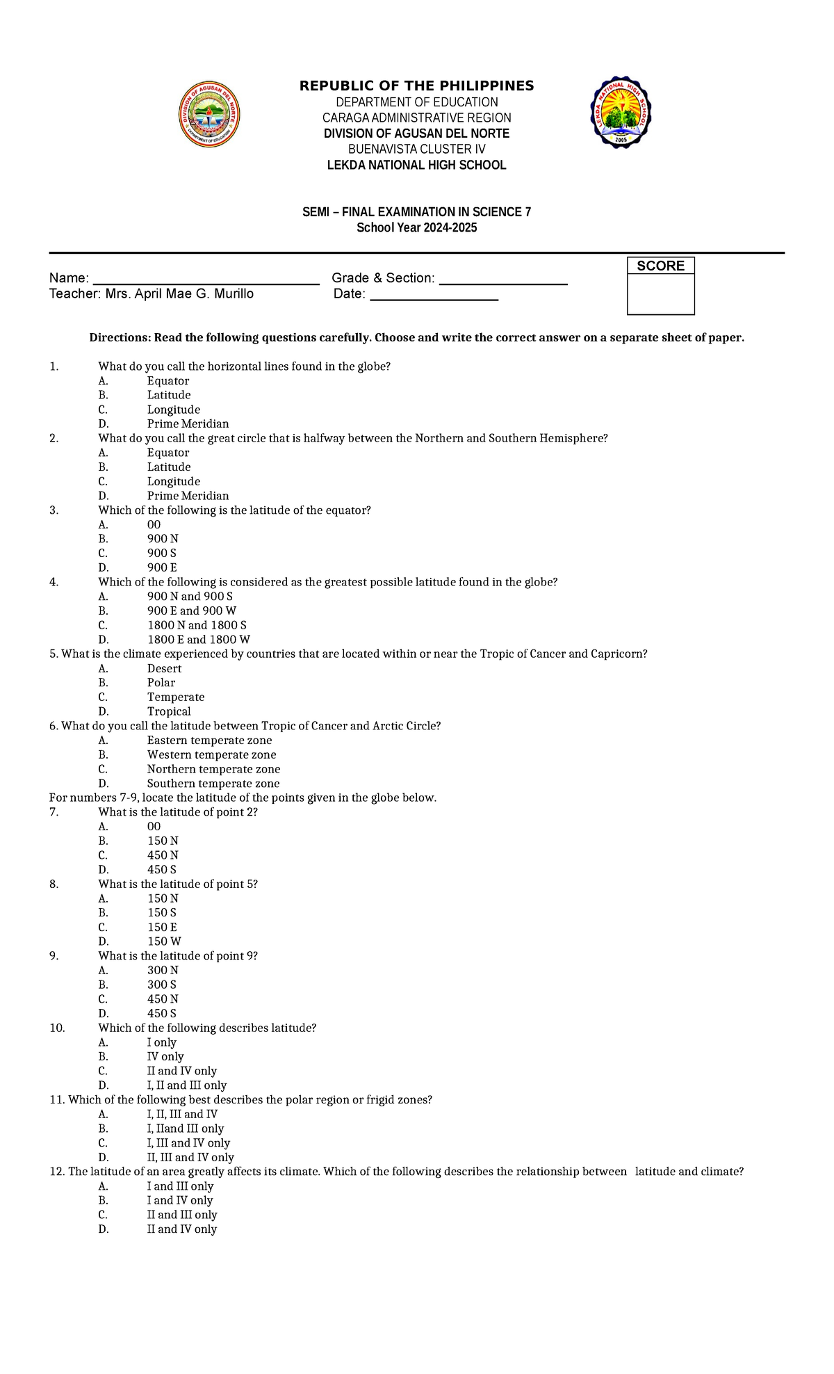 Grade 7 Science Semi-Final Exam Questions - 4th Quarter TQ - Studocu