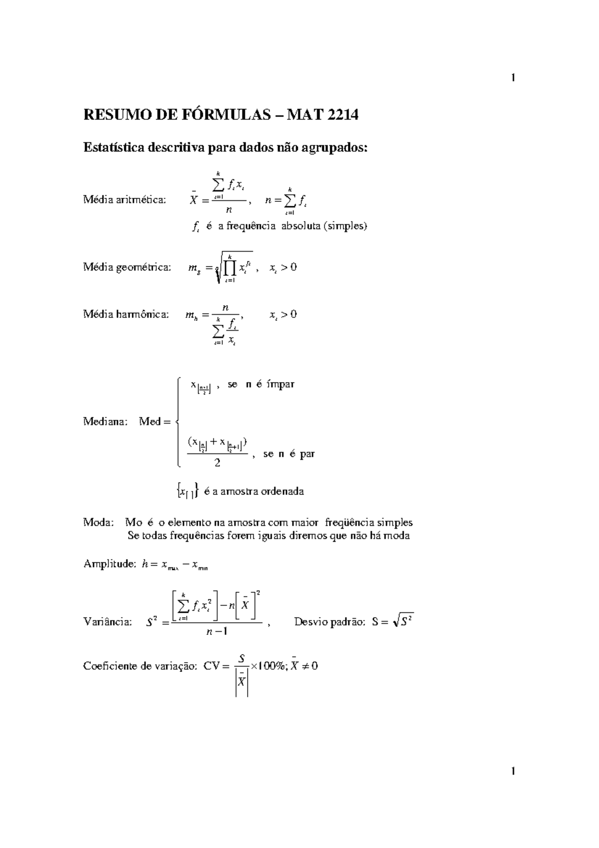 Estatística - Resumo de Fórmulas para MAT 2214 - Studocu