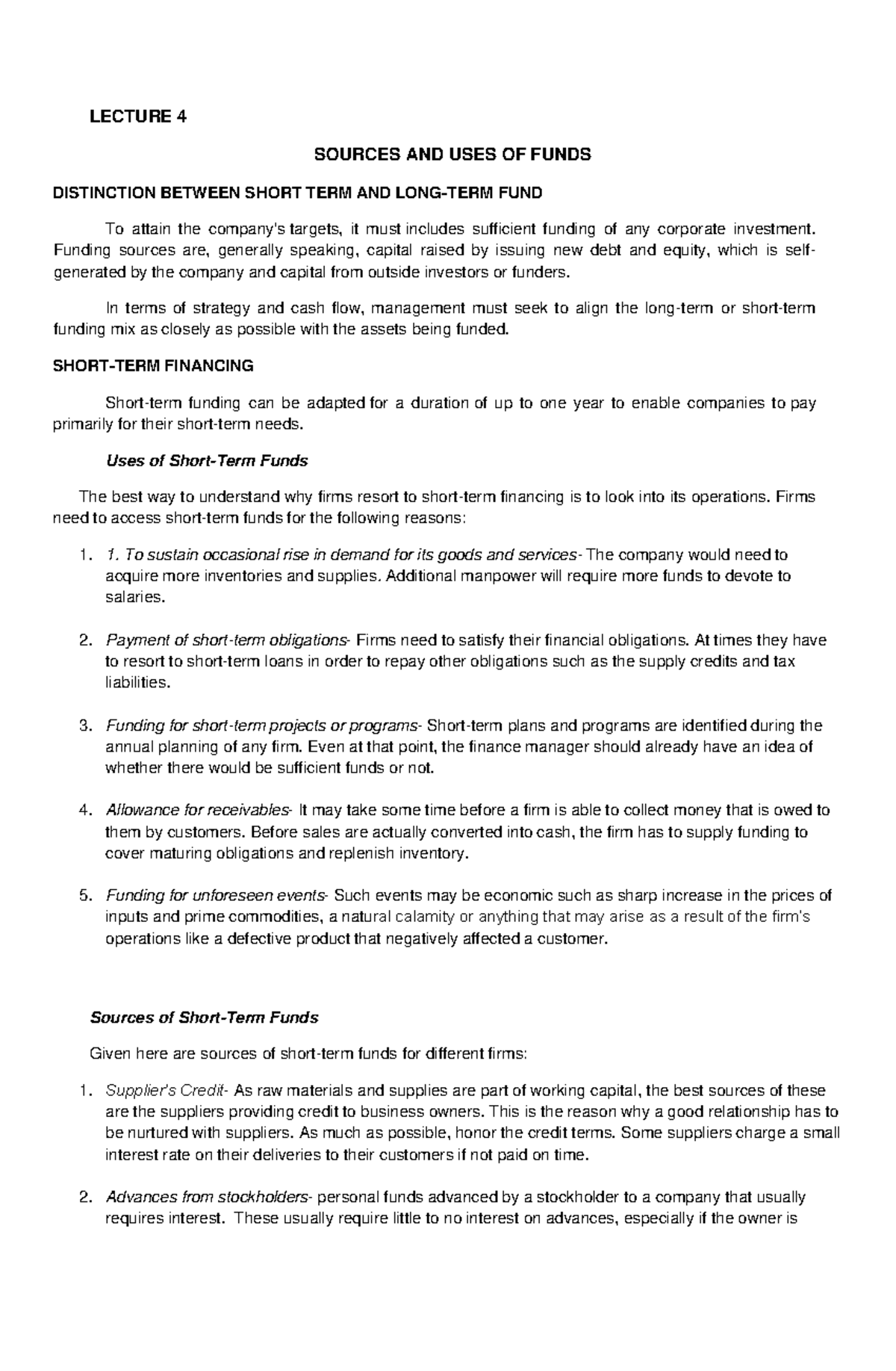 Lecture 4: Sources and Uses of Short-Term and Long-Term Funds - Studocu