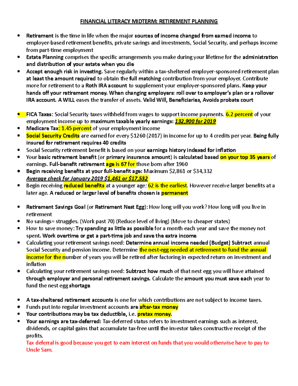Financial Literacy Midterm: Key Concepts in Retirement Planning - Studocu