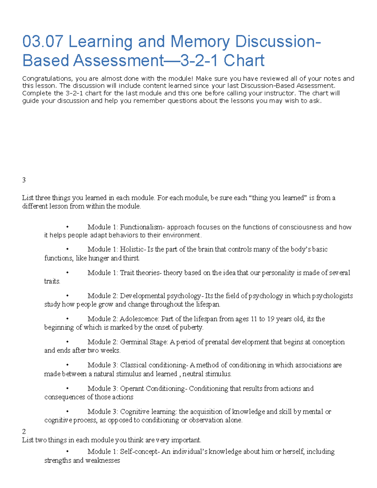 03.07 Learning and Memory Discussion-Based Assessment Chart - Studocu