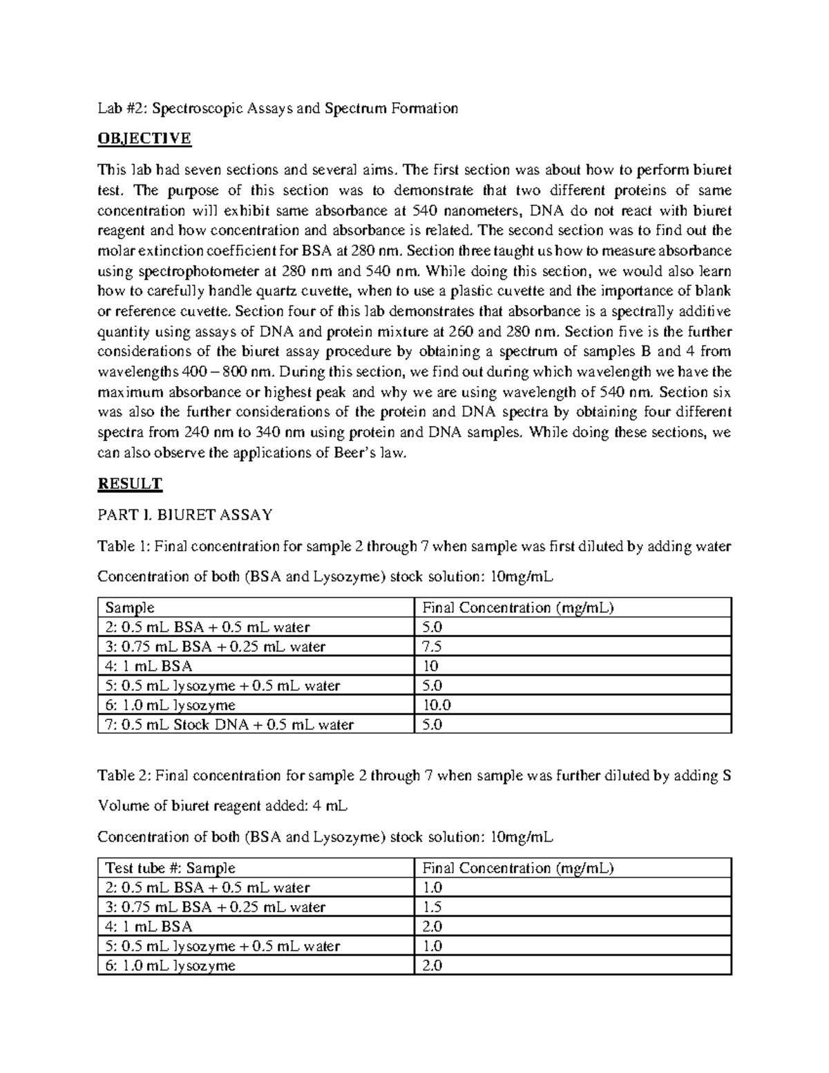 Biochem 202: Lab Report #2 on Spectroscopic Assays & Biuret Test - Studocu