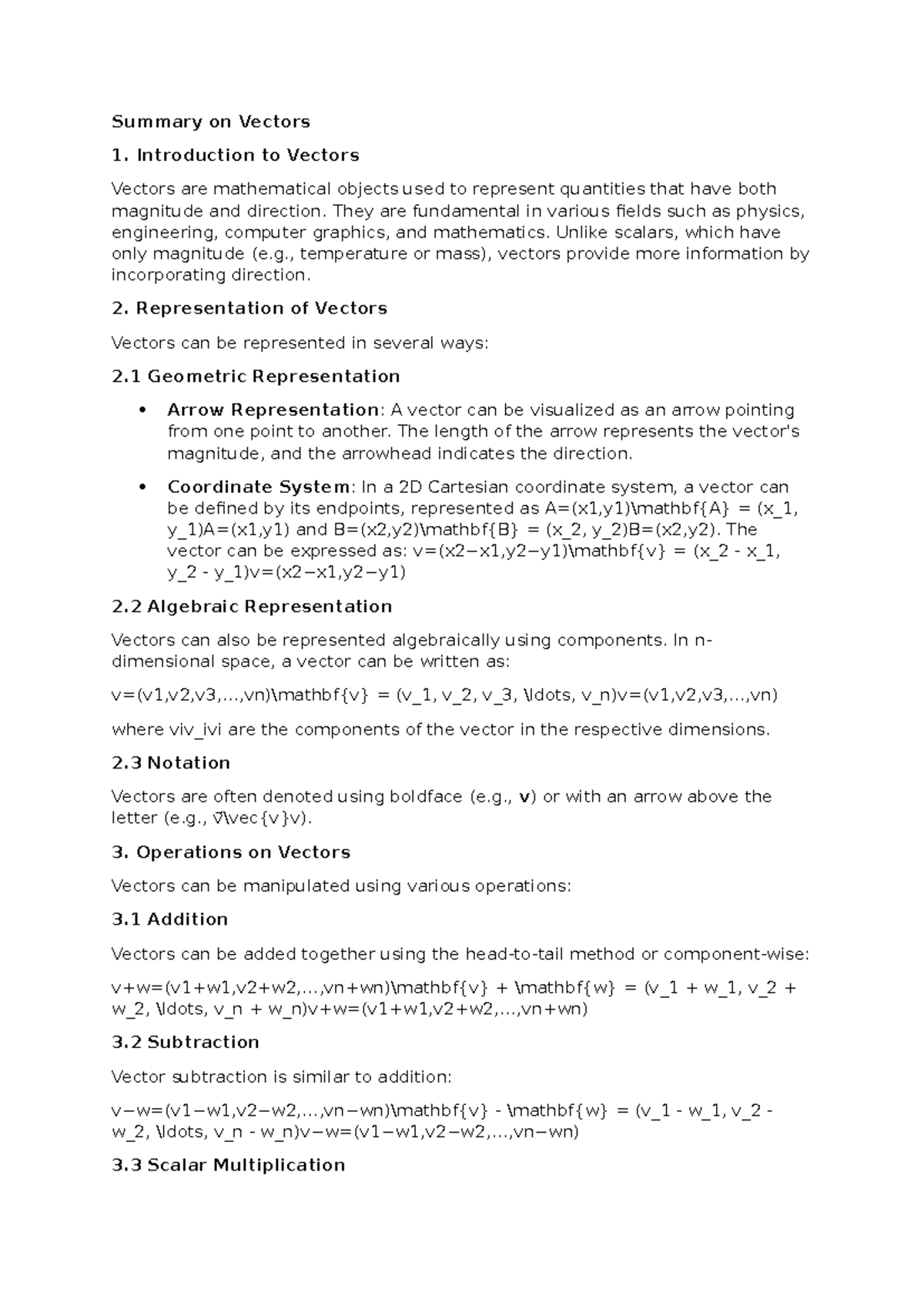 Vectors: Summary and Important Concepts - Studocu