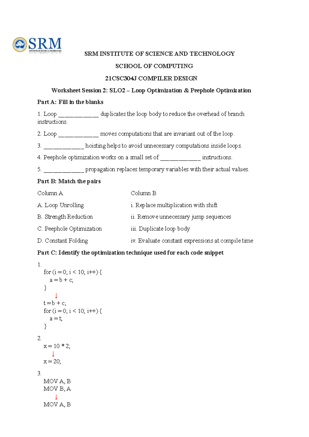 21CSC304J Compiler Design Worksheet: Loop & Peephole Optimization - Studocu