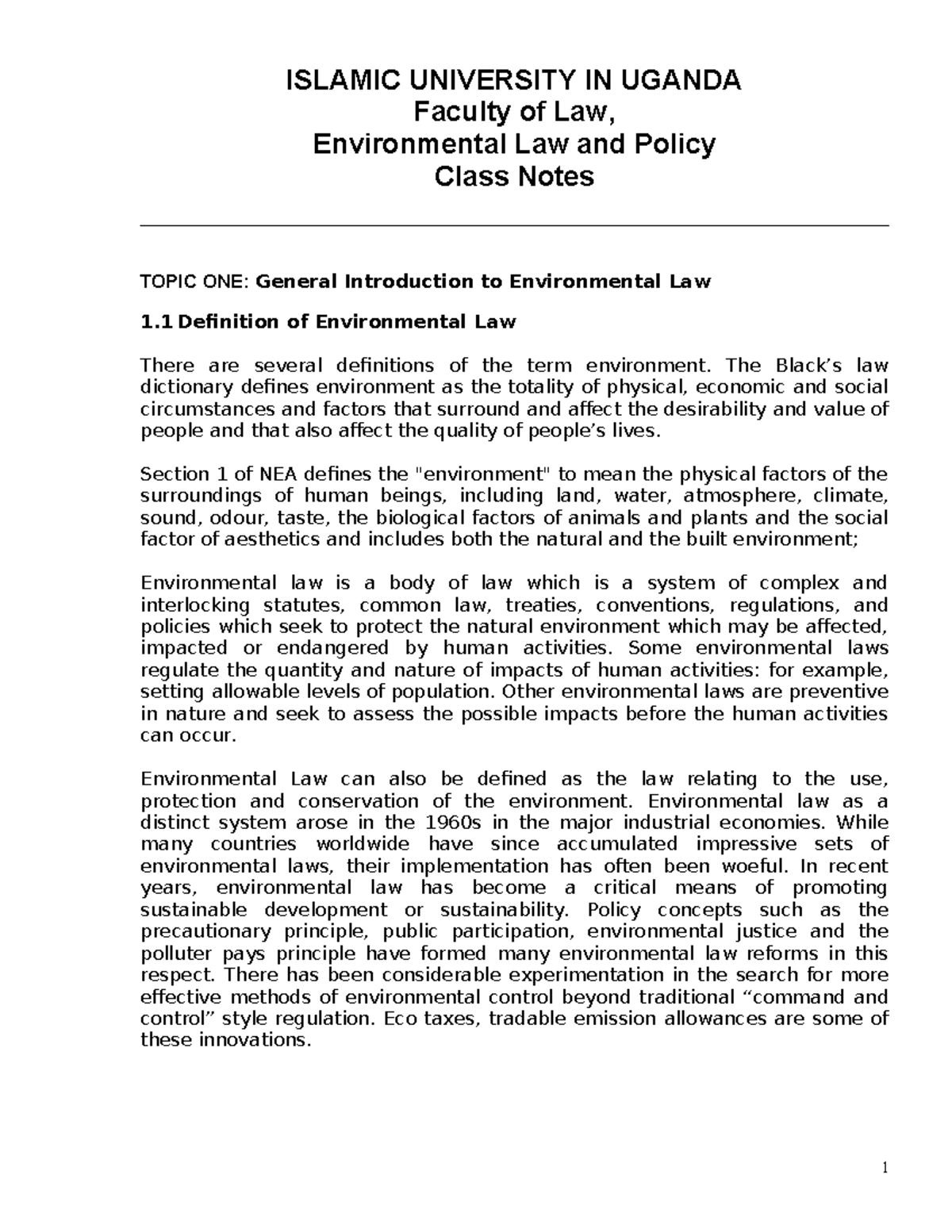 Environmental Law Notes - ISL 101: General Introduction to ...