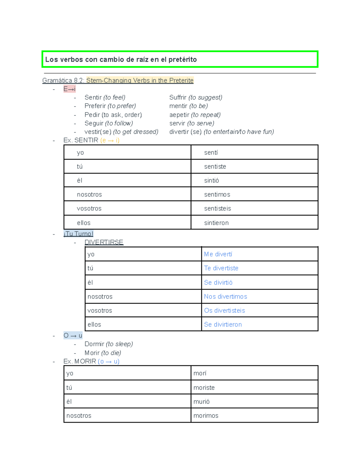 Gramática 8.2 Stem-Changing Verbs in the Preterite - Los verbos con ...