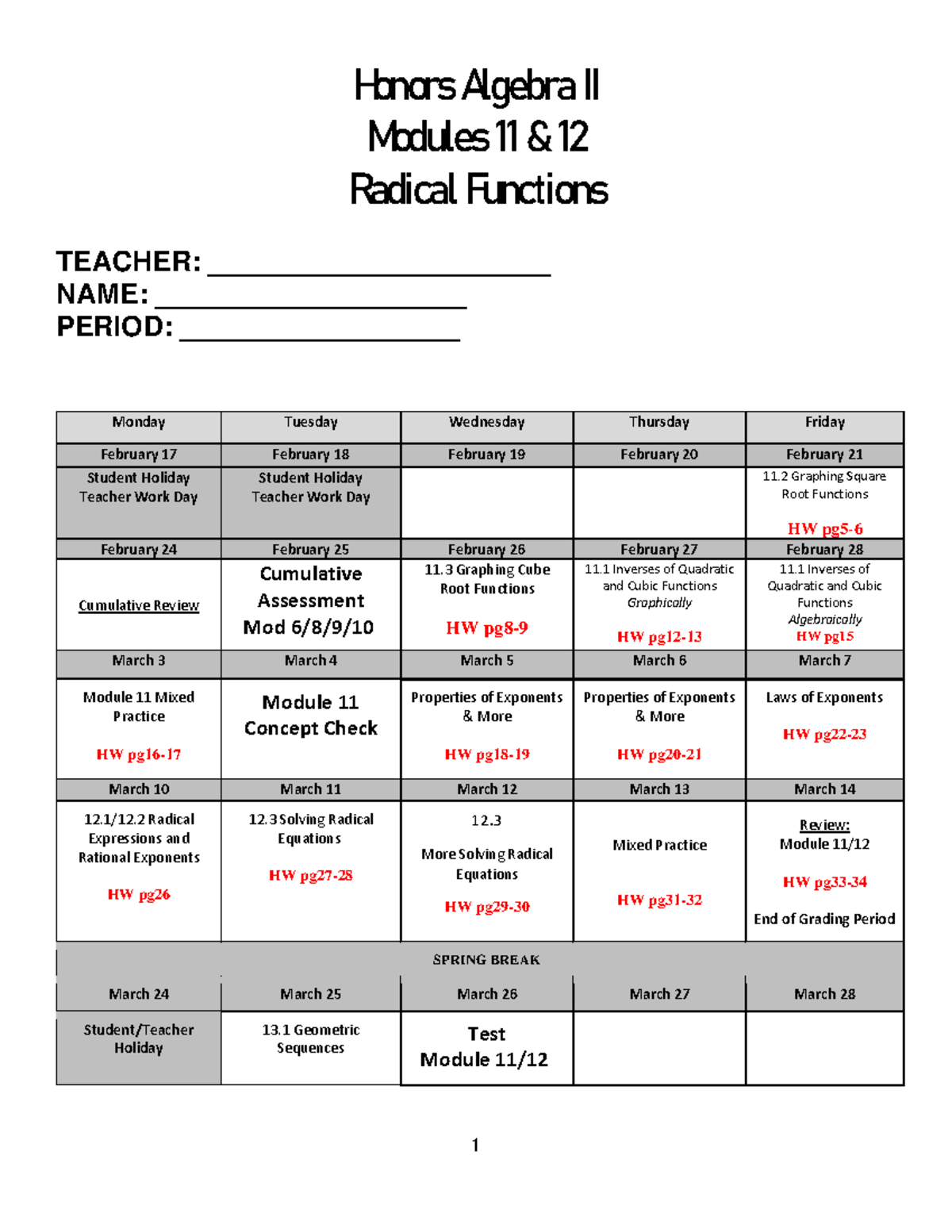 Halgebra II modules 11 and 12 radical functions packet - Studocu