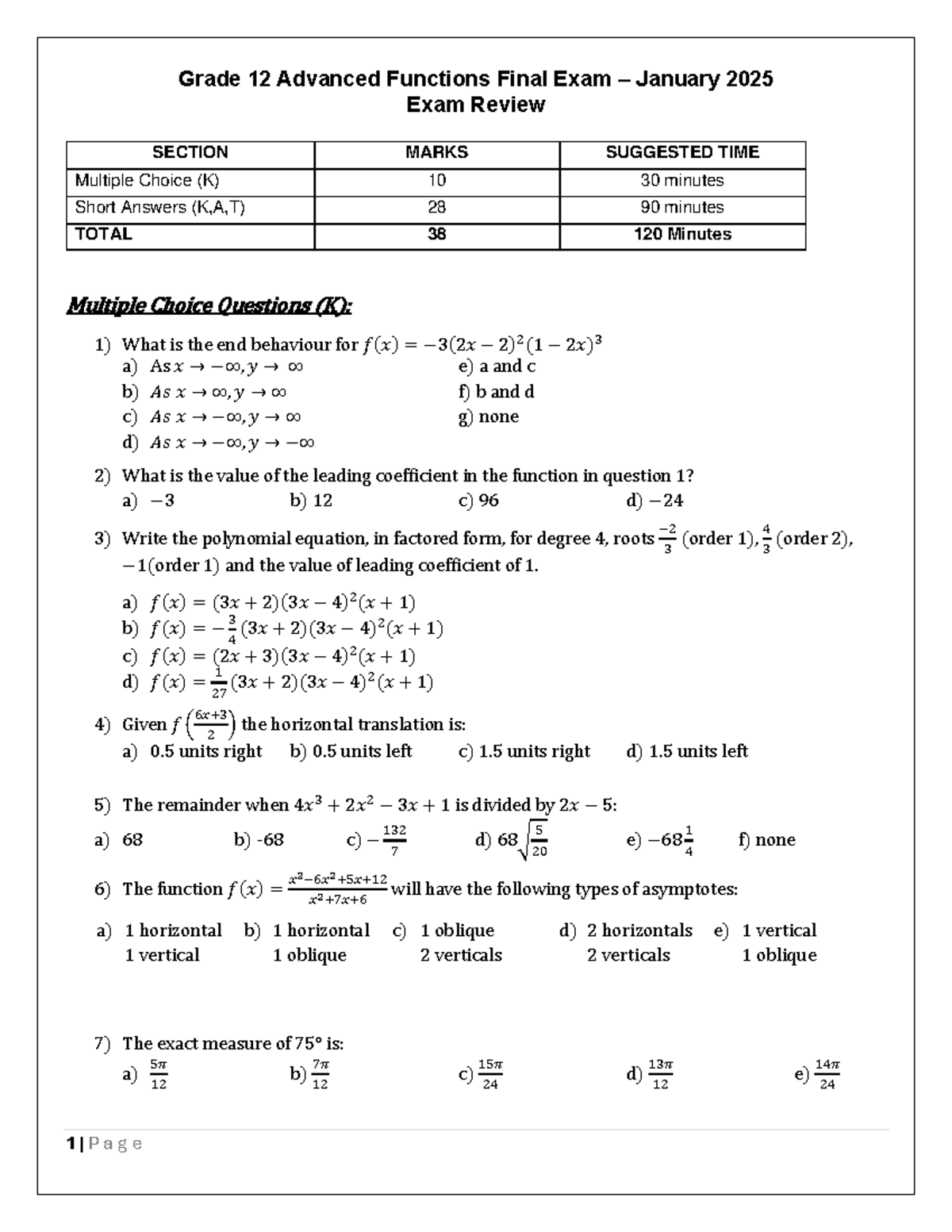 Grade 12 Advanced Functions Final Exam Review - January 2025 - Studocu