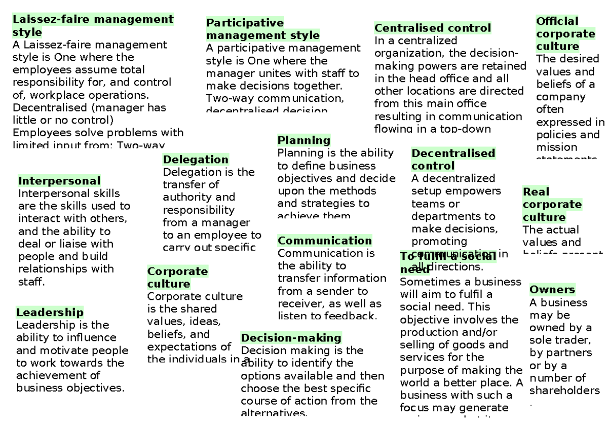 Unit 3 AOS1 Revision: Business Concepts and Management Styles - Studocu