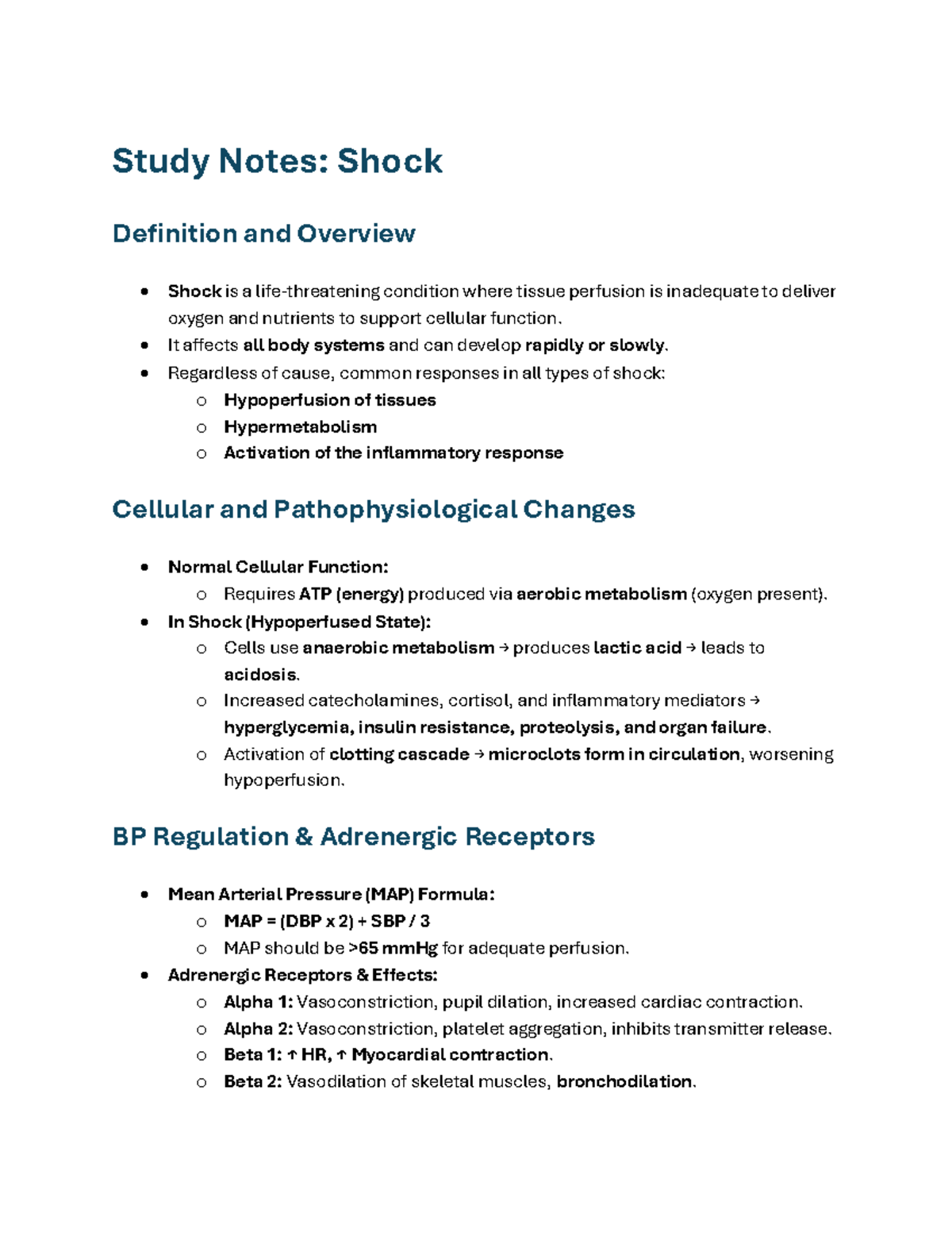 Module 8 - cardiac - Study Notes: Shock Definition and Overview Shock ...