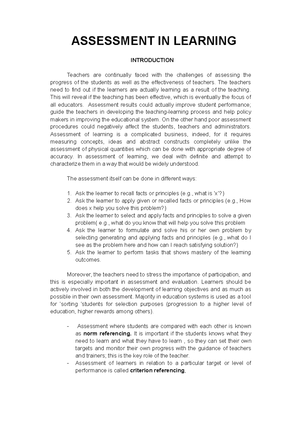 Module-1-4-assessment-in-learning-1 - ASSESSMENT IN LEARNING INTRODUCTION Teachers are ...