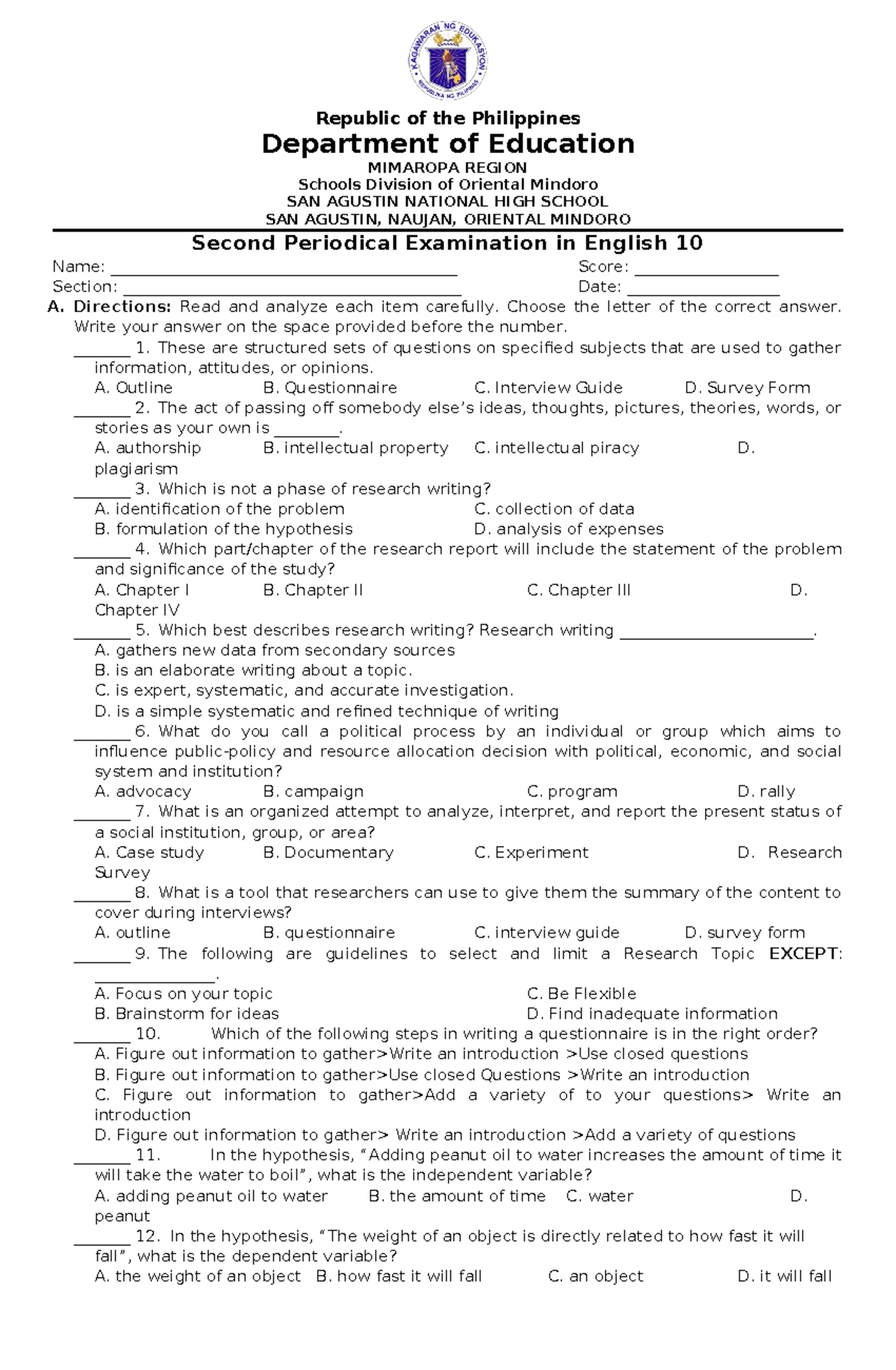 Second periodical test-english 10 - Republic of the Philippines ...