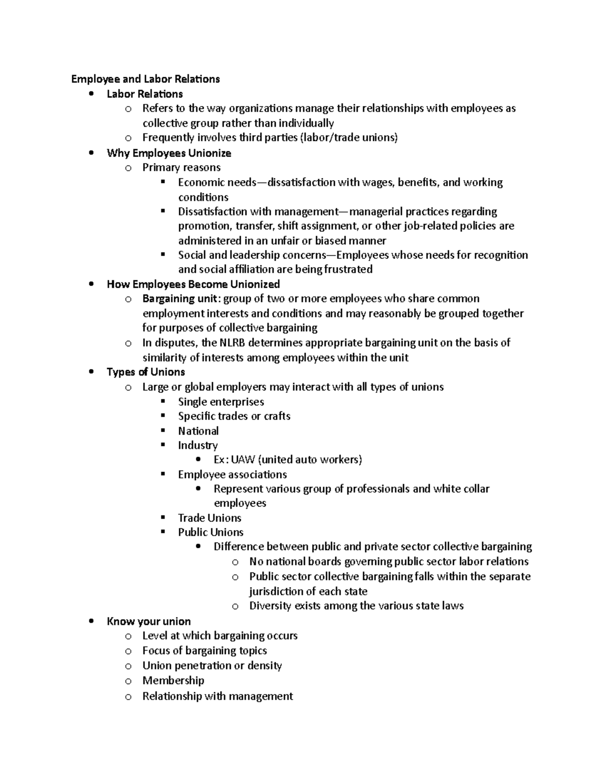 V373 11-19-19 - Lecture notes 3 - Employee and Labor Relations Labor ...