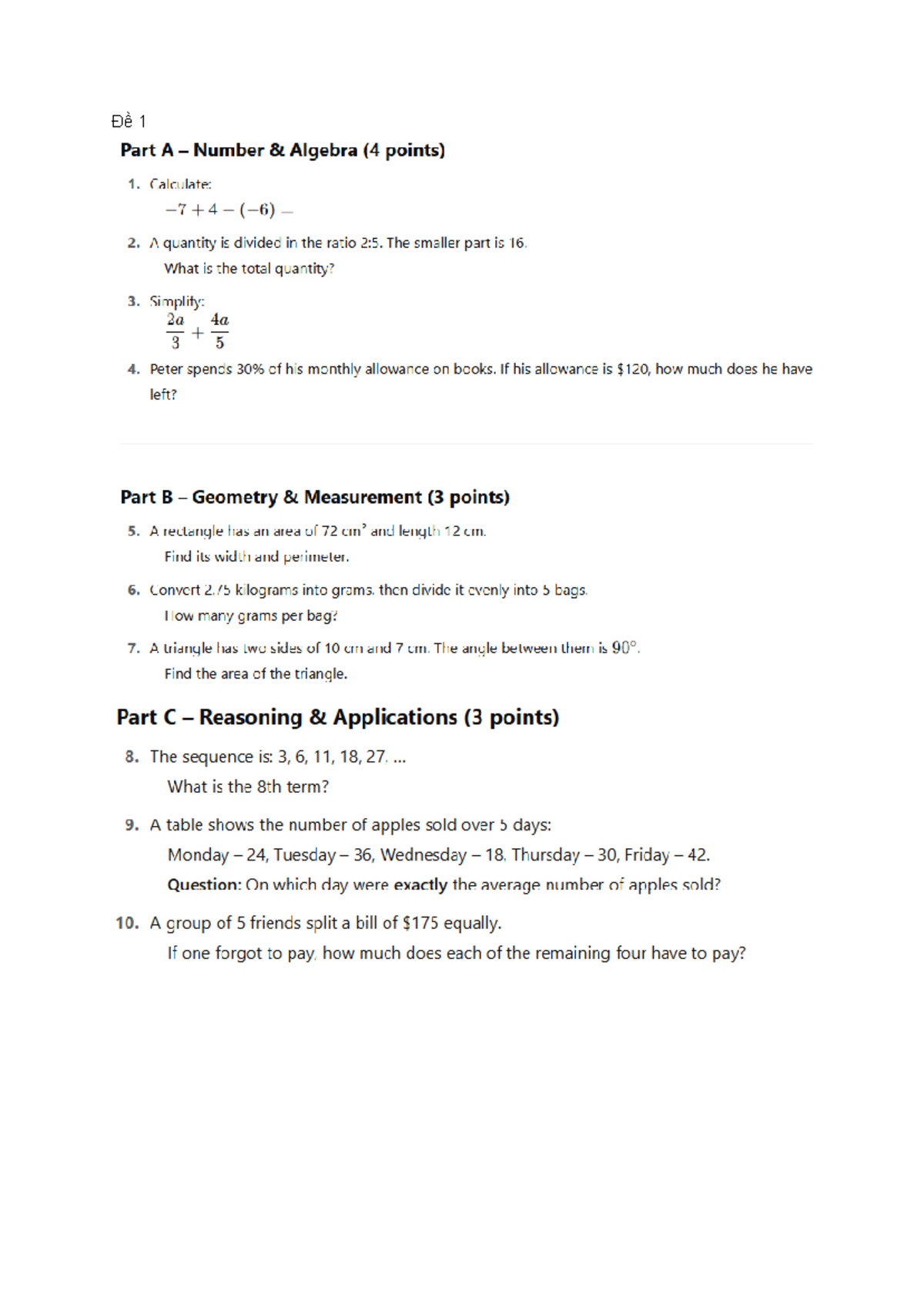 Đề 1,2: Algebra, Geometry & Reasoning Practice Questions - Studocu