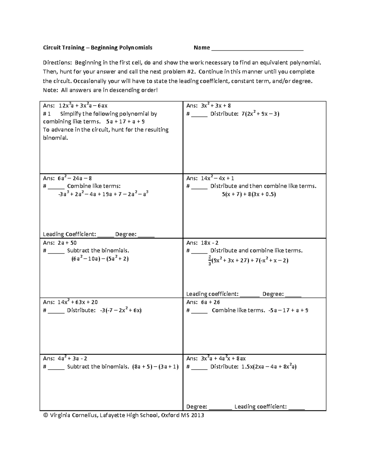 L3 Circuit Training Worksheet on Beginning Polynomials - Studocu
