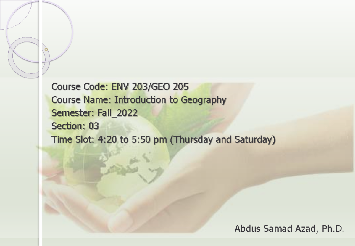 Lecture 1 Introduction to Geography - ####### Course Code: ENV 203/GEO ...