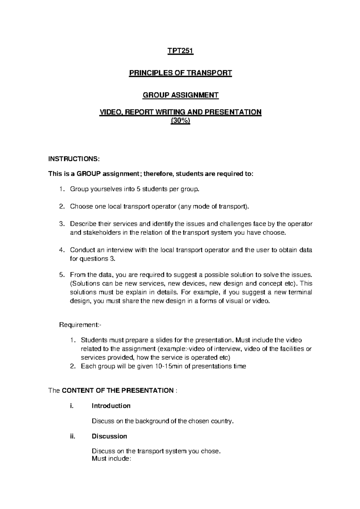 TPT251 Group Assignment: Principles of Transport Analysis & Solutions ...
