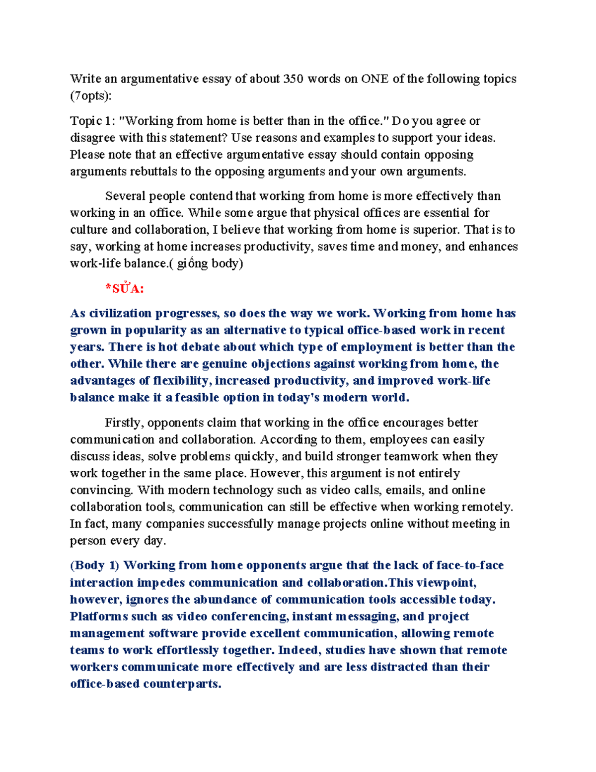 Argumentative Essay on Working from Home vs. Office (AE1) - Studocu