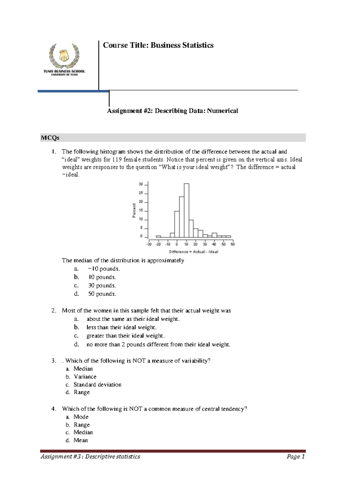 Assignement statistics - Course Title: Business Statistics Assignment ...