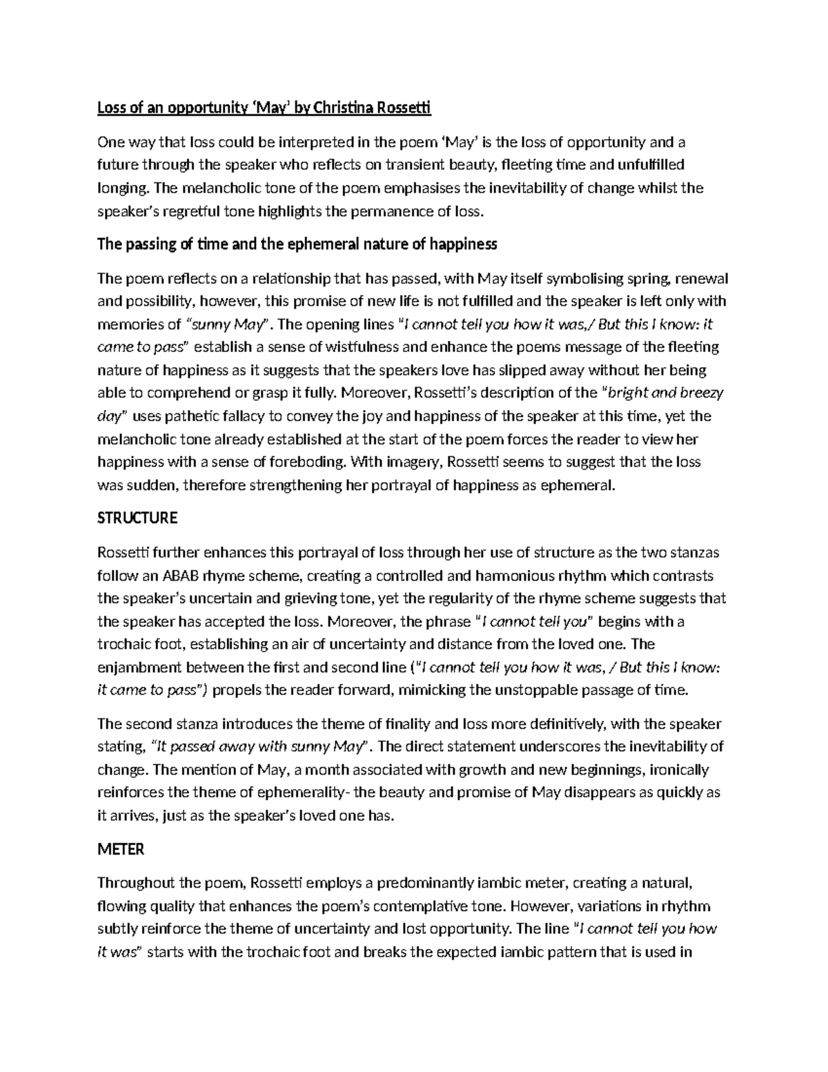 Loss and Opportunity in Christina Rossetti's Poem 'May' Analysis - Studocu