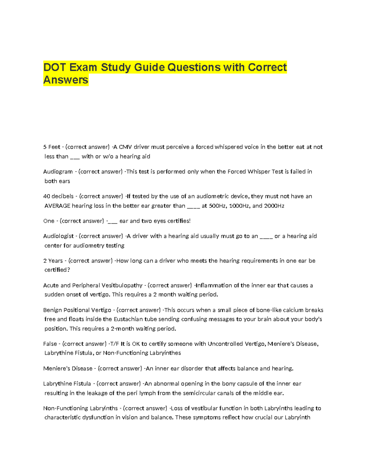 DOT Exam Study Guide Questions with Correct Answers - yiThis yirequires yia yi 2 yimonth ...