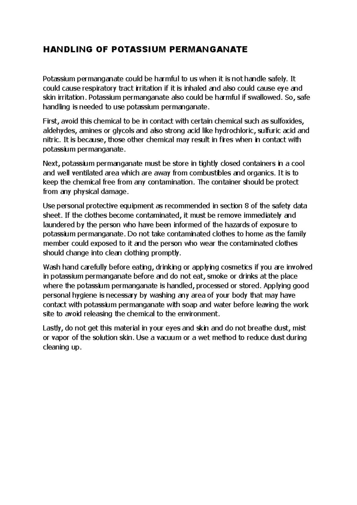 Handling and storage OF Potassium Permanganate lab report for students ...