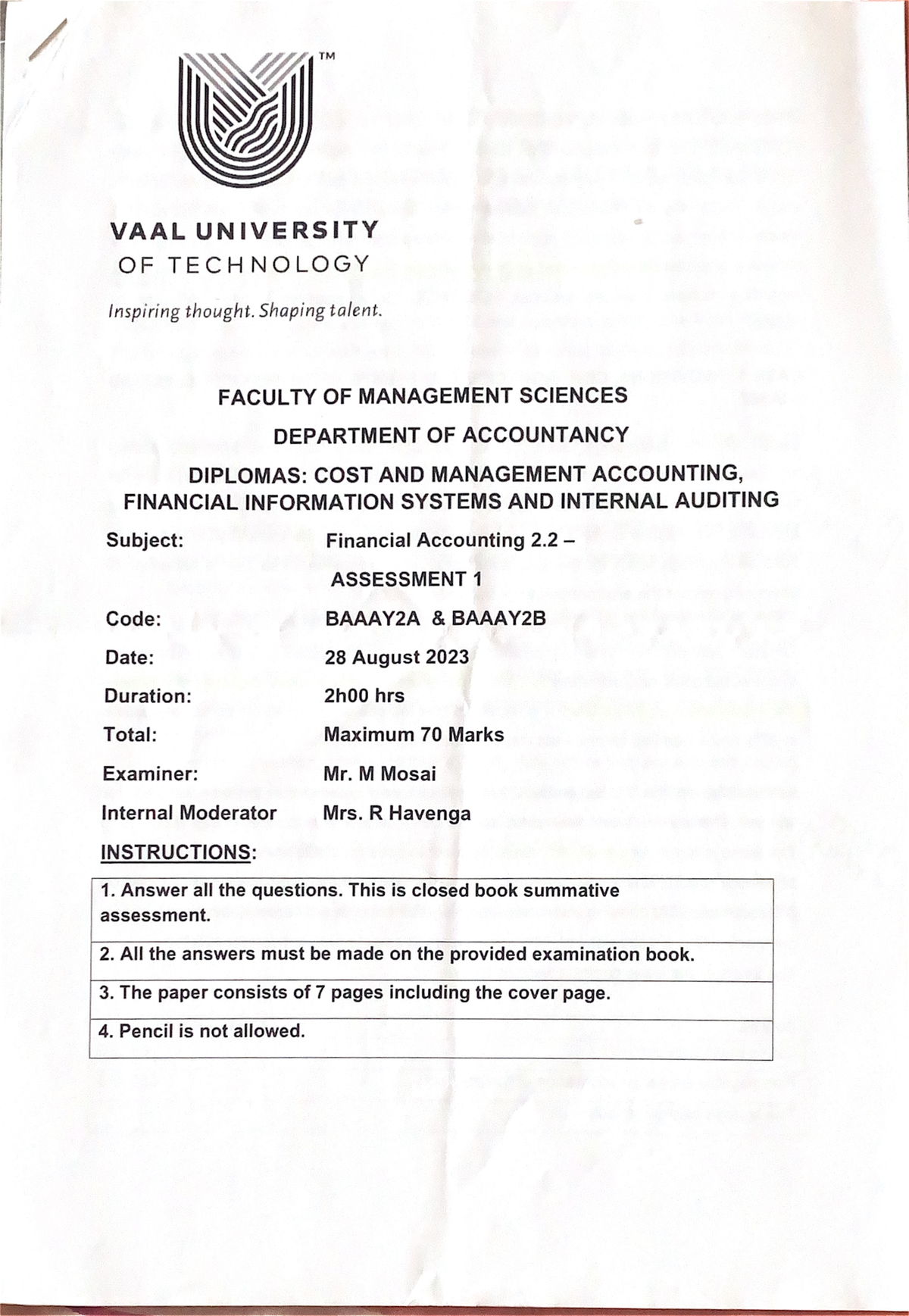 financial accounting 2 - TM VAAL UNIVERSITY OF TECHNOLOGY Inspiring ...