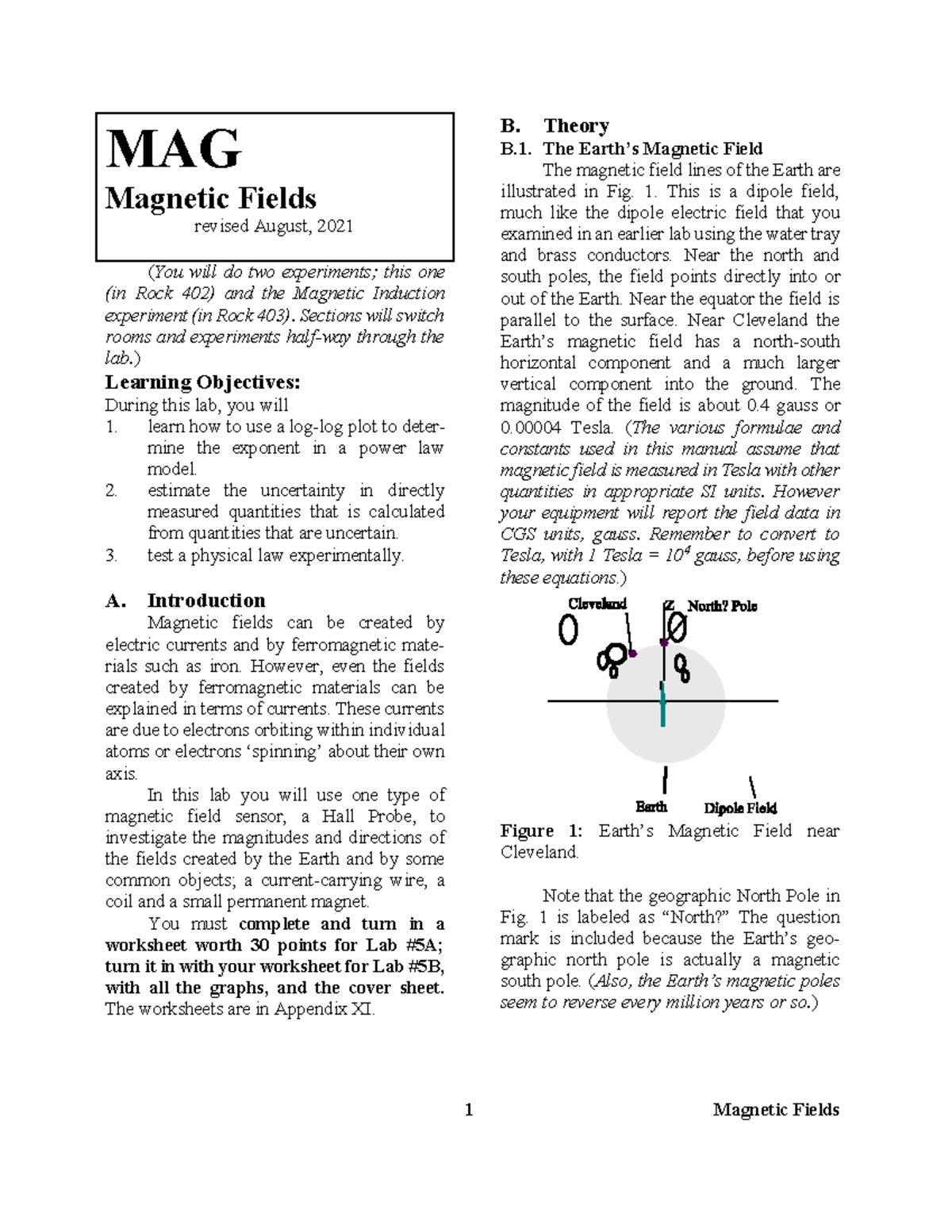 Physics 122 Lab on Magnetic fields - MAG Magnetic Fields revised August ...