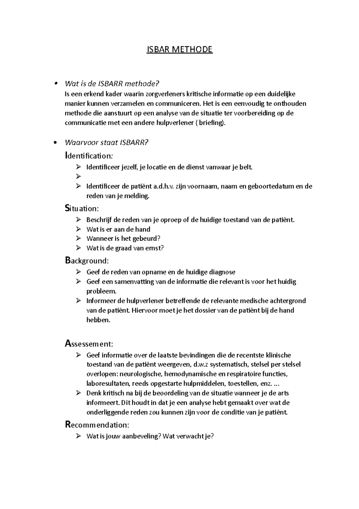 ISBAR Methode: Informatieoverdracht in de Zorgverlening - Studocu