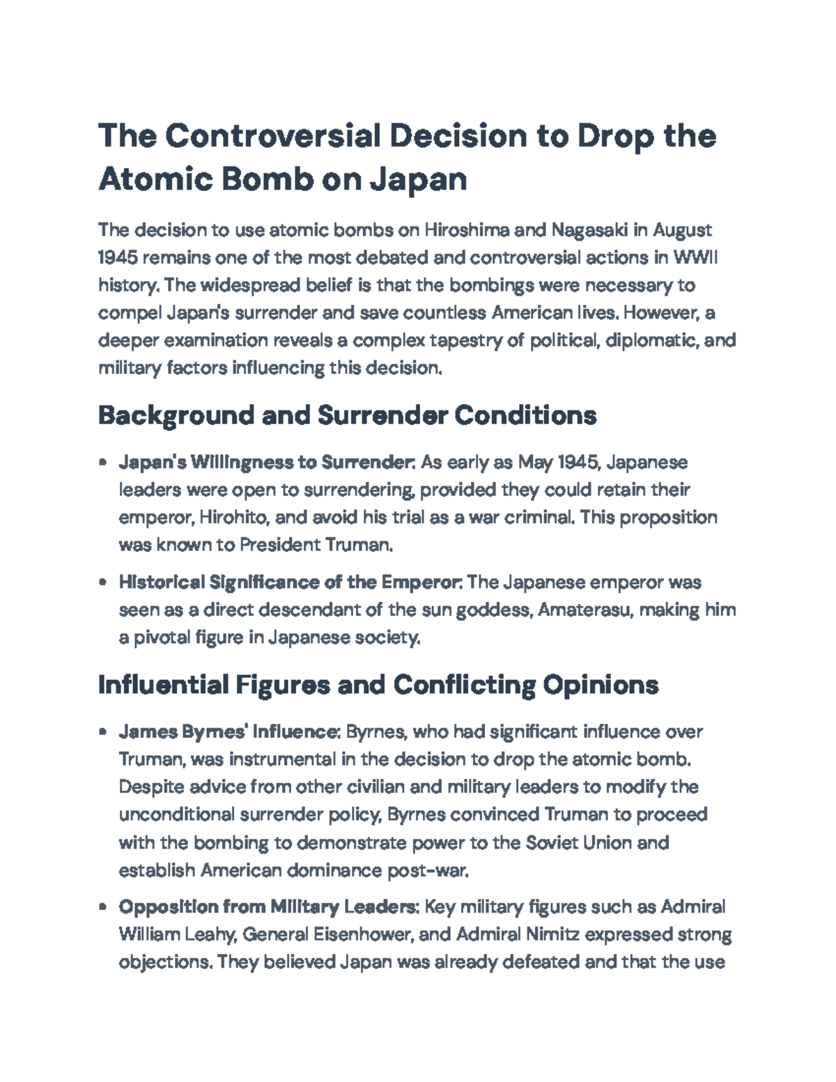 The Controversial Decision to Drop the Atomic Bomb on Japan: A Critical ...