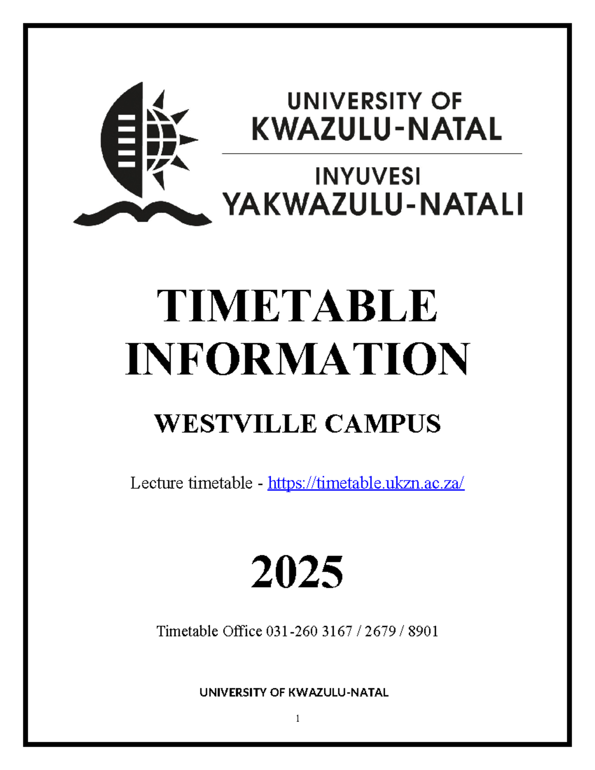 2025 Westville Campus Lecture Timetable Information Guide - Studocu