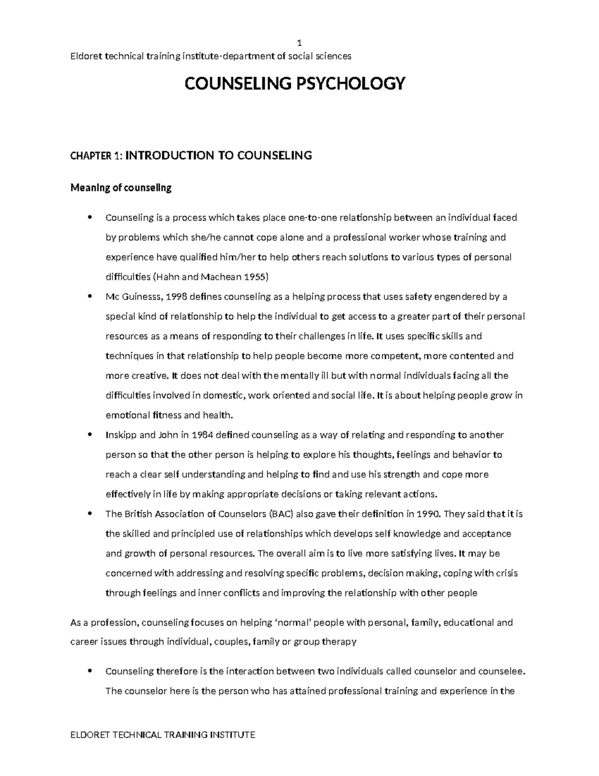Counseling Psychology 1: Introduction to Counseling and Techniques ...
