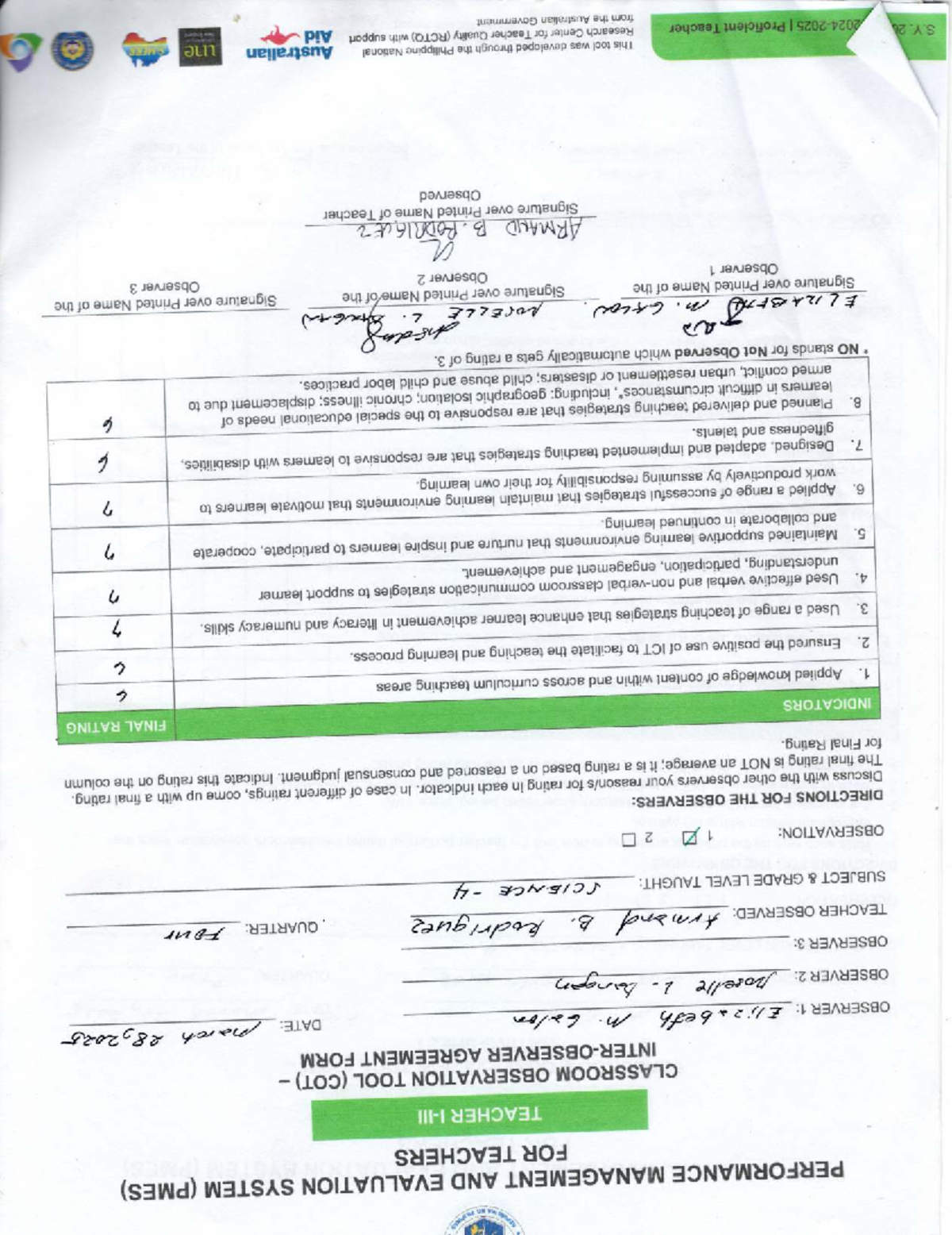 COT Agreement Form for BEED Teachers - Performance Evaluation - Studocu