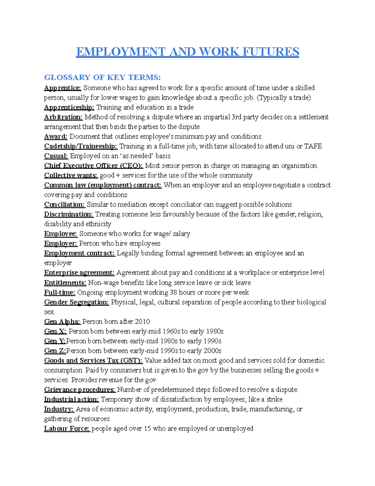 Commerce Notes Year 9 TERM 3: Employment and Work Futures Glossary ...