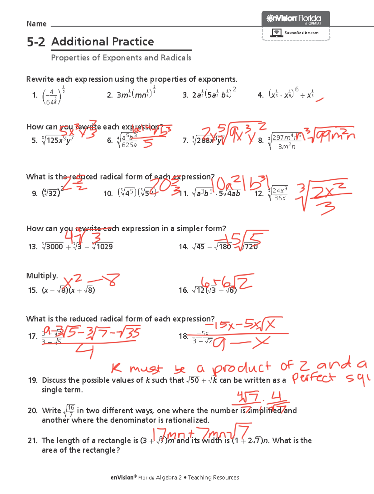 5-2 Practice - 5.2 worksheet - Name SavvasRealize ALGEBRA 2 5-2 Additional Practice Properties ...