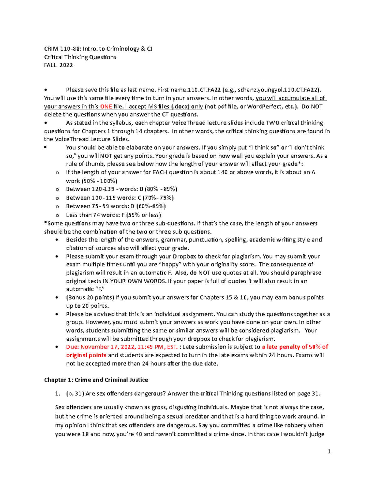 CRIM 110-88: Critical Thinking Questions for Intro to Criminology - Studocu