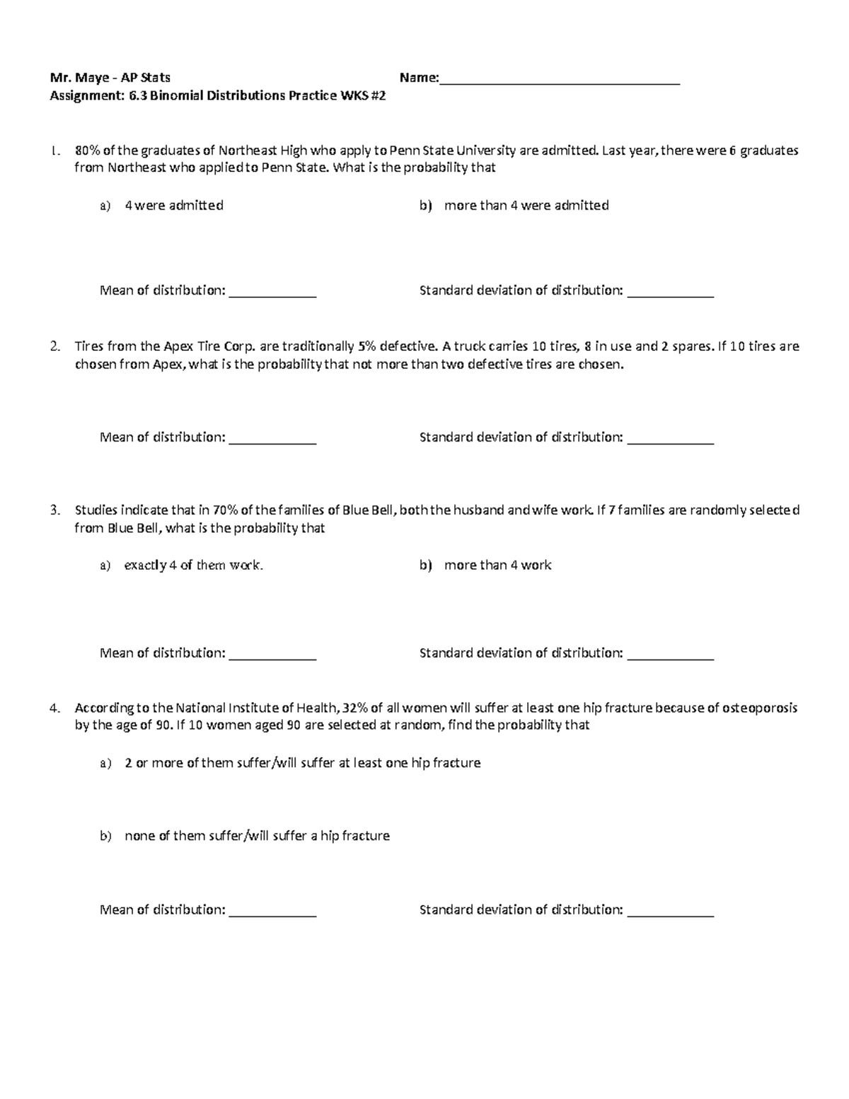 AP Stats 6.3 Binomial Distributions Practice Worksheet #2 - Studocu